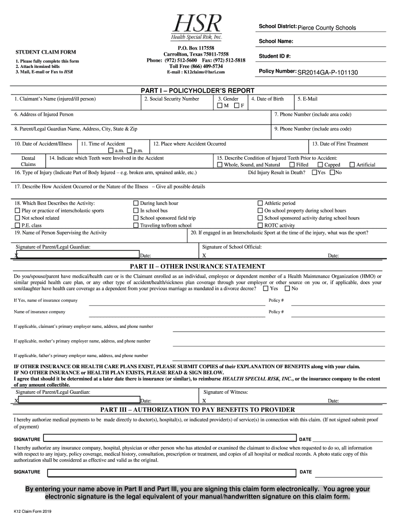 Fillable Online HSR STUDENT CLAIM FORM. HSR STUDENT CLAIM FORM Fax ...