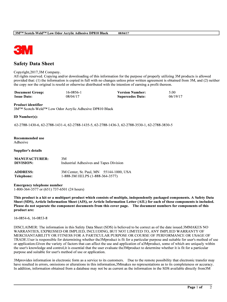 Fillable Online 3M Scotch-Weld Low Odor Acrylic Adhesive DP810 Black ...