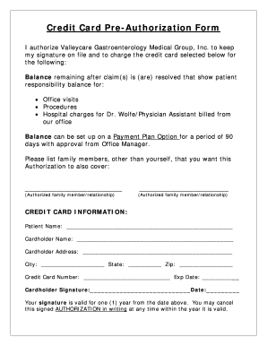 Fillable Online Credit Card Pre-Authorization Form - Valley Care ...