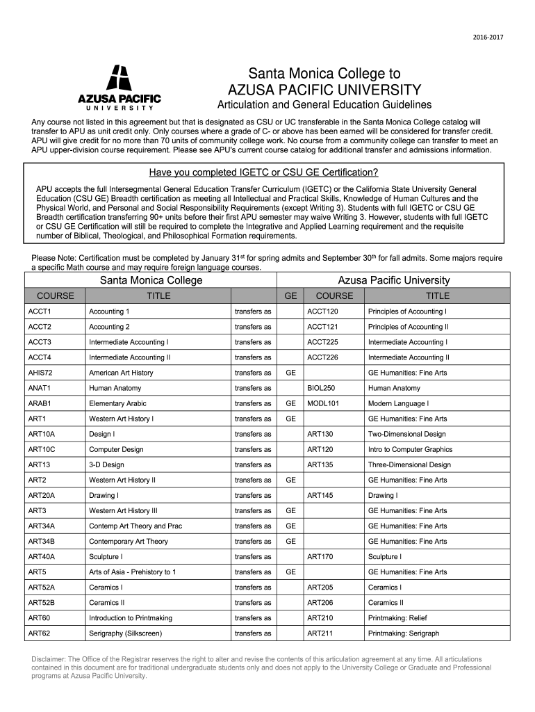 Fillable Online Articulation and General Education Guidelines - Azusa Pacific ... Fax Email ...