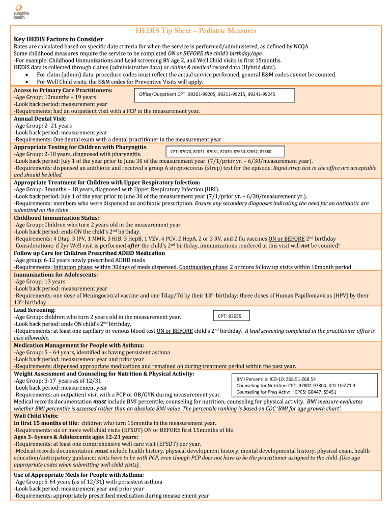 Fillable Online HEDIS Tip SheetPediatric Measures Key HEDIS Factors to ...