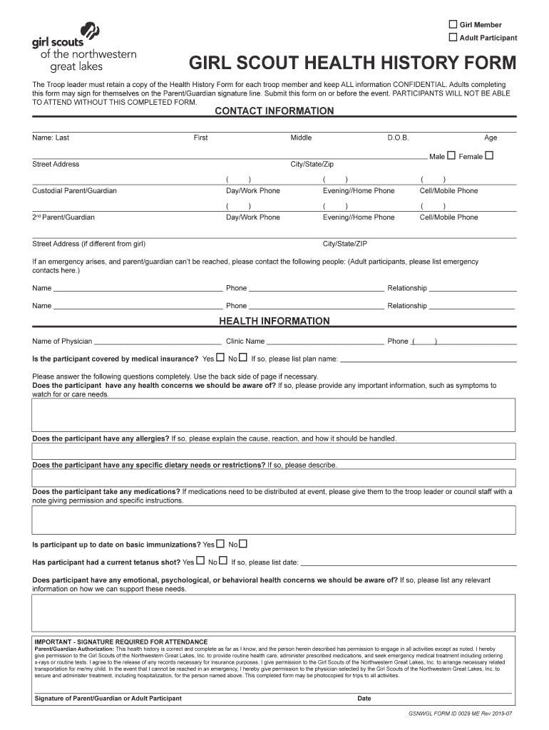 Fillable Online girl scout health history form - GSNWGL Fax Email Print ...