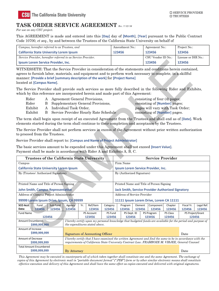 Fillable Online Fillable Online csuchico TASK ORDER SERVICE AGREEMENT ...