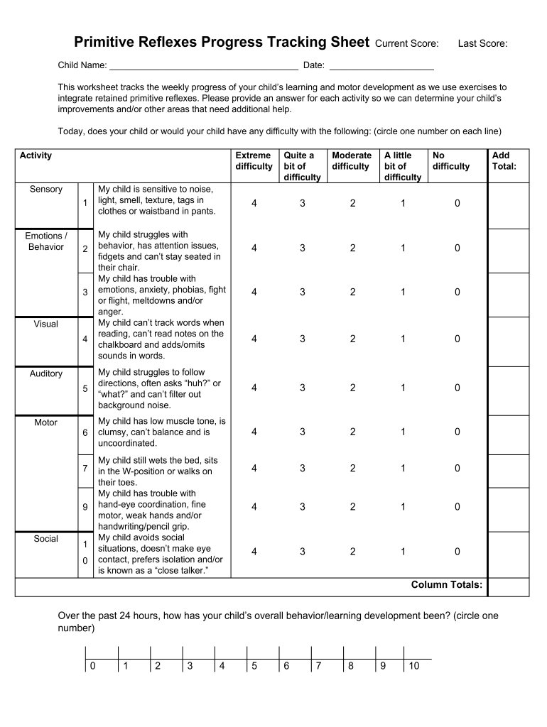 Fillable Online Primitive Reflexes Progress Tracking Sheet Fax Email Print - pdfFiller