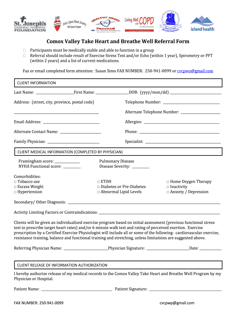 Fillable Online Comox Valley Take Heart and Breathe Well Referral Form Fax Email Print - pdfFiller