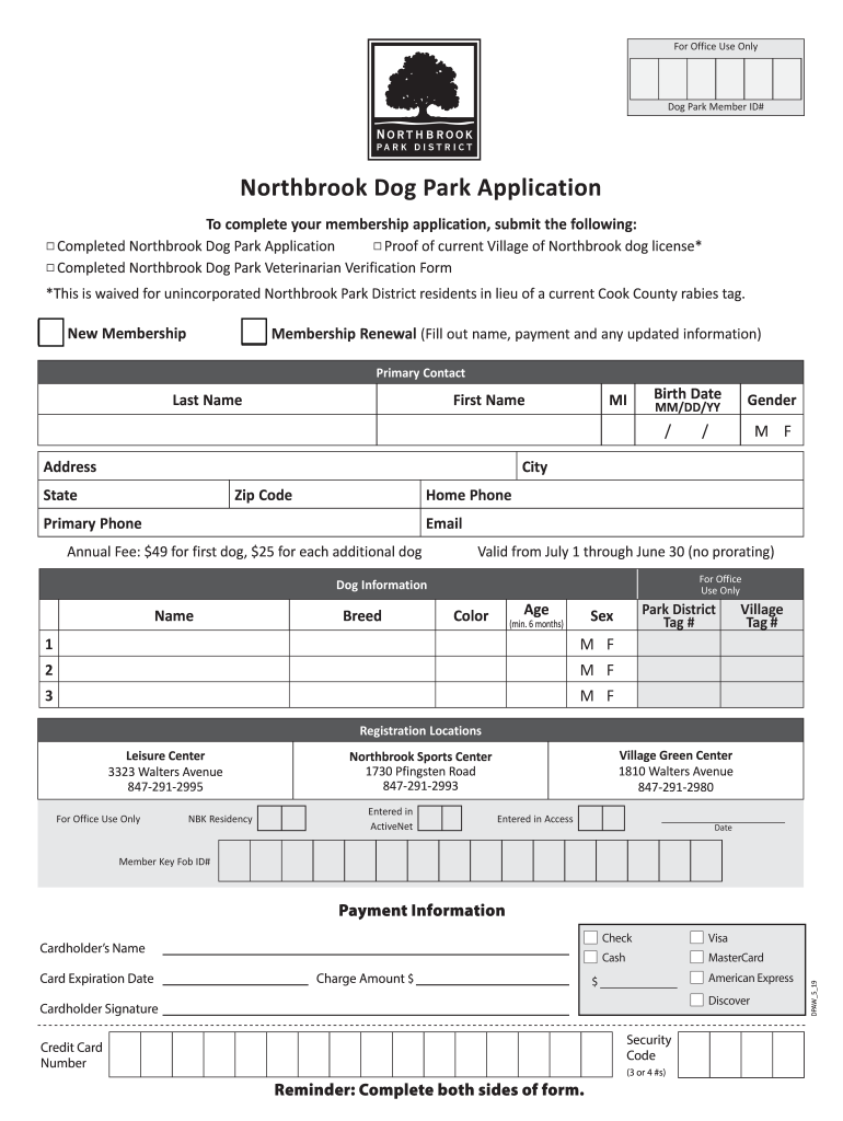Fillable Online Fillable Online nbparks Northbrook Dog Park Application ...