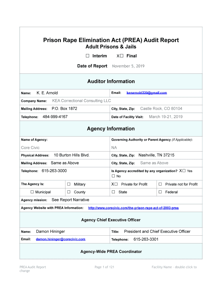 Fillable Online Prison Rape Elimination Act (PREA) Audit ...