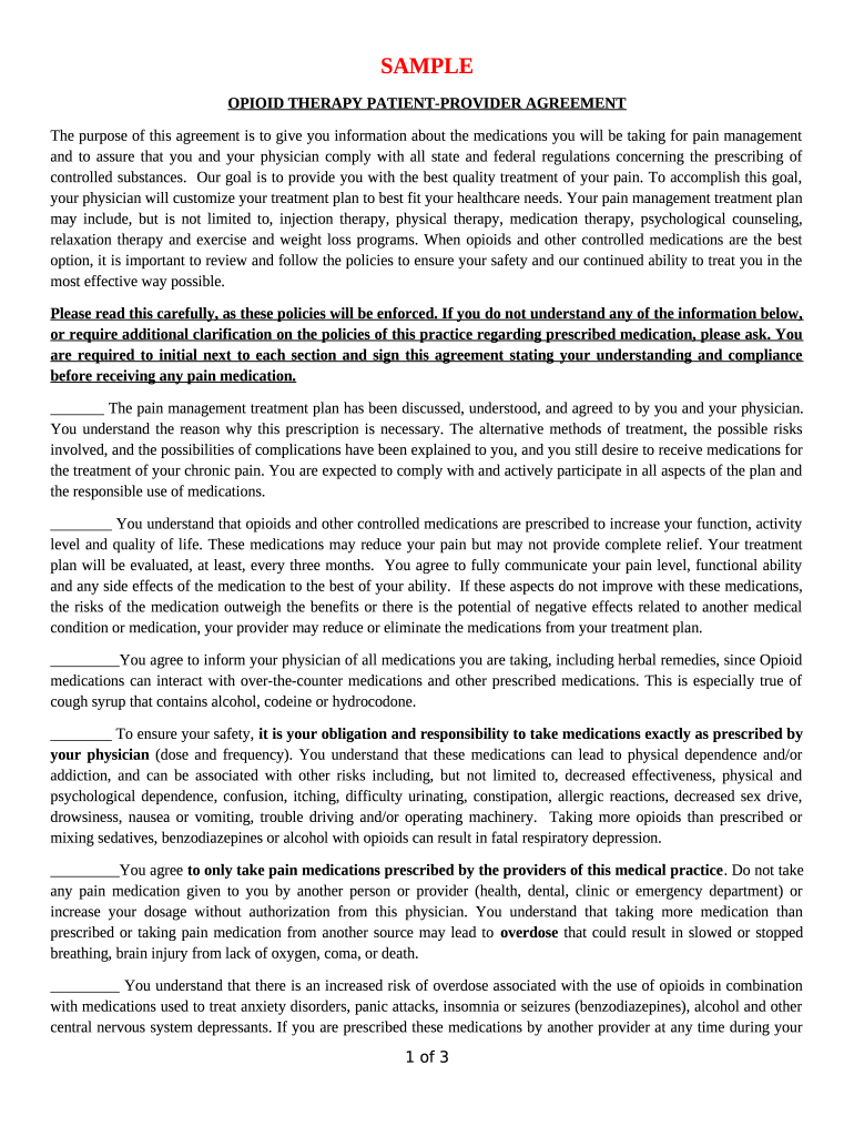 OPIOID THERAPY PATIENT-PROVIDER AGREEMENT Doc Template | pdfFiller
