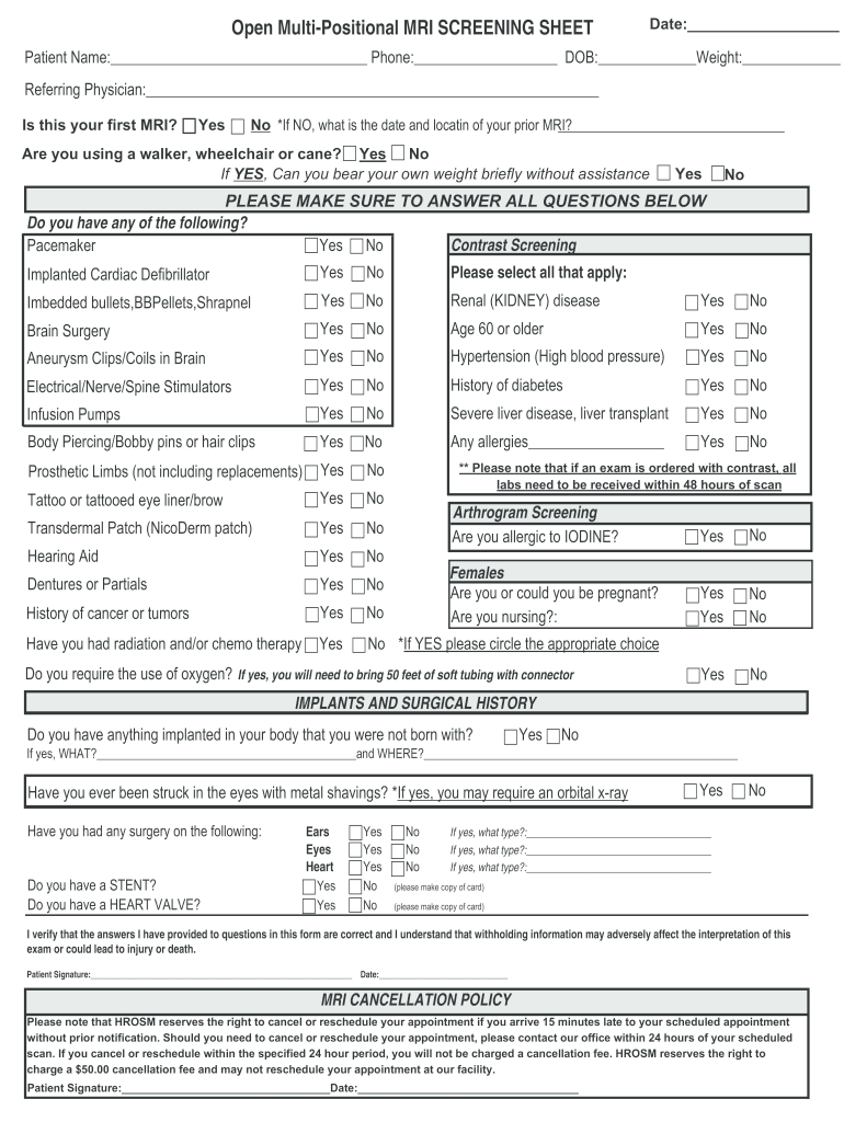Fillable Online Open Multi-Positional MRI SCREENING SHEET Date: Fax ...