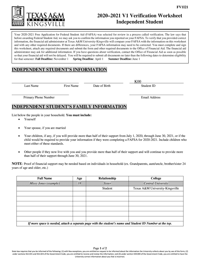 Fillable Online 20202021 V1 Verification Worksheet Fax Email Print ...
