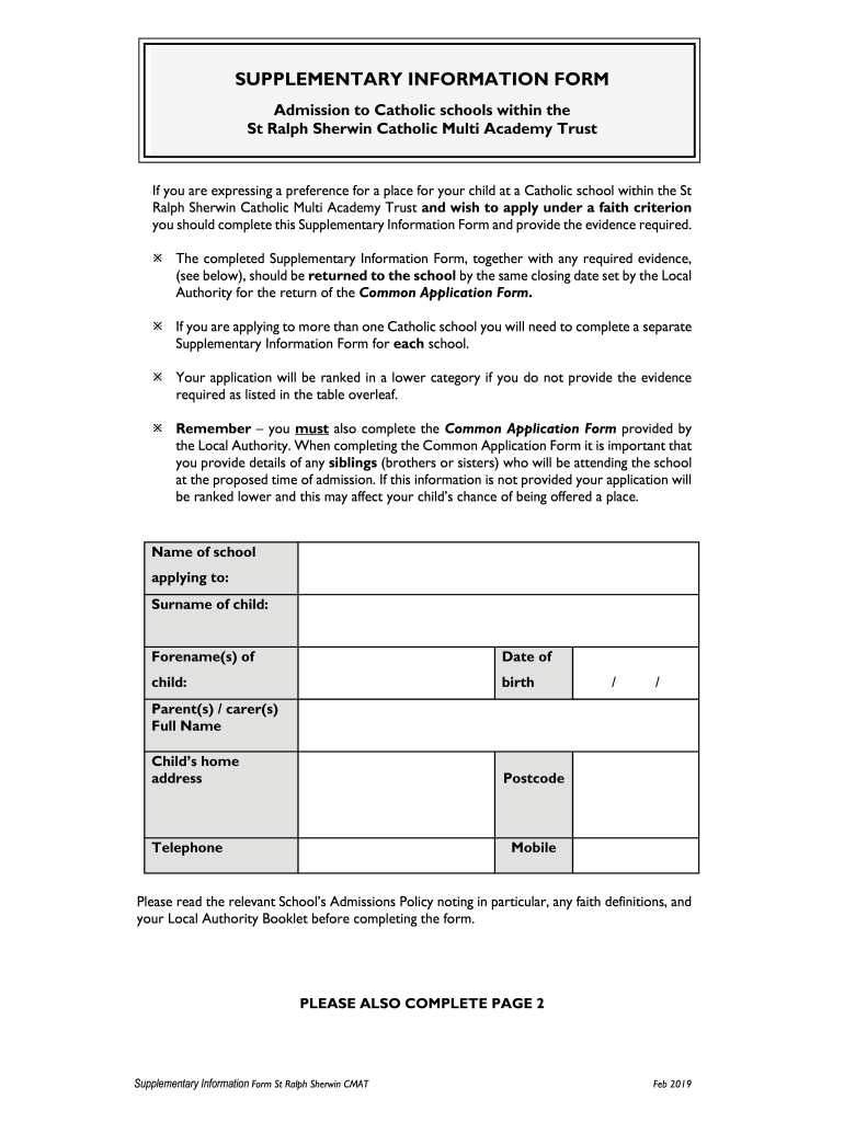 Fillable Online Supplementary Information Form St Ralph Sherwin CMAT ...