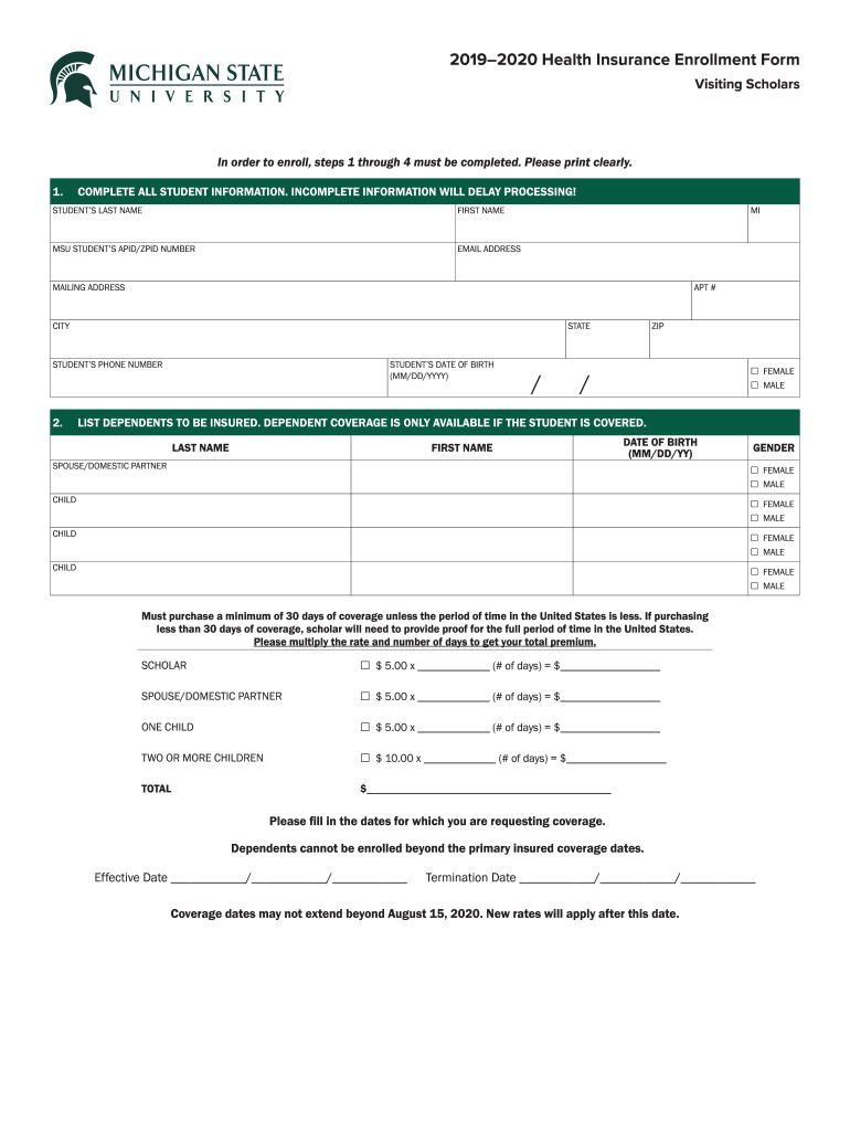 Fillable Online 2019-2020 Health Insurance Enrollment Form for Visiting ...