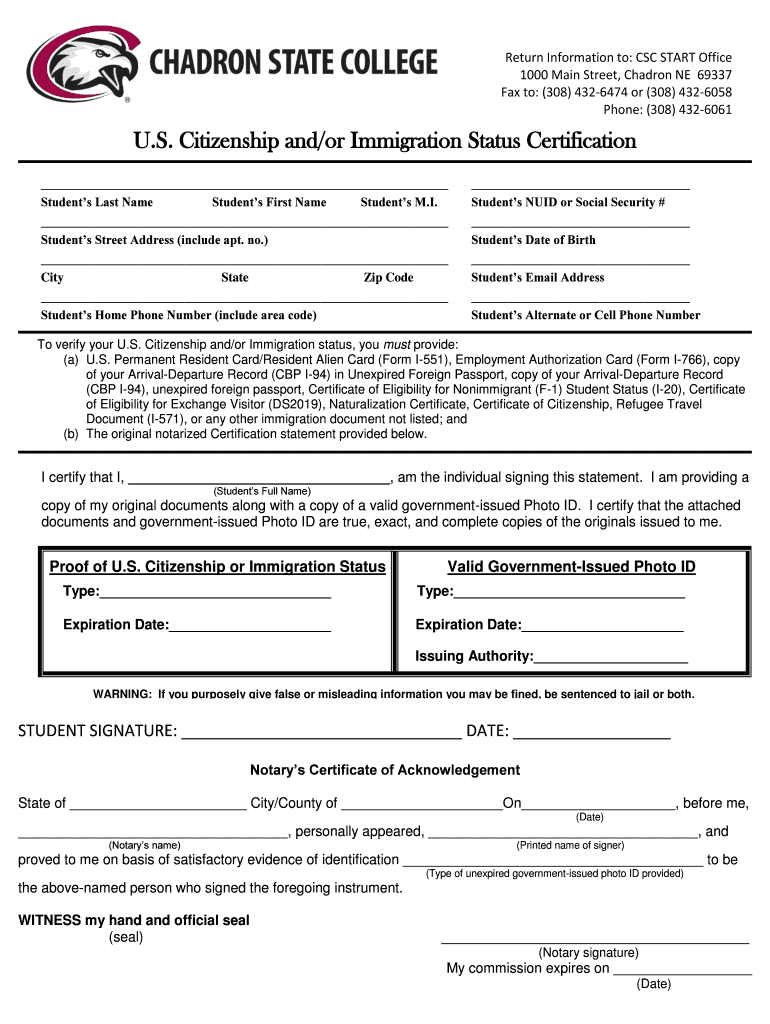 Fillable Online Citizenship and/or Immigration Status Certification Fax ...