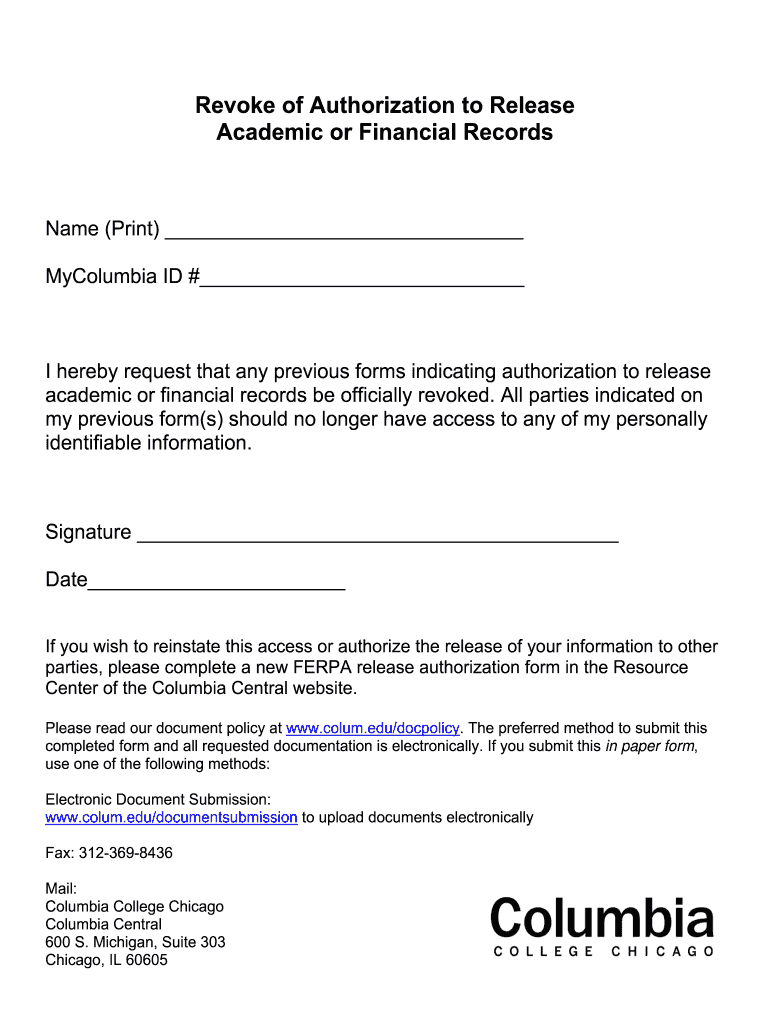 Fillable Online Authorization to Release Education Records - Columbia ...