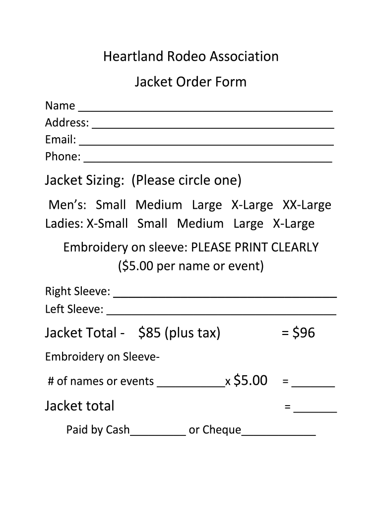 Fillable Online Heartland Rodeo Association Jacket Order Form Jacket ...