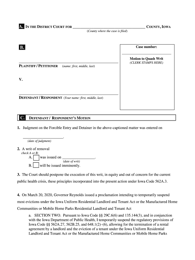 Fillable Online Motion to Quash Writ Form Instructions Fax Email Print ...