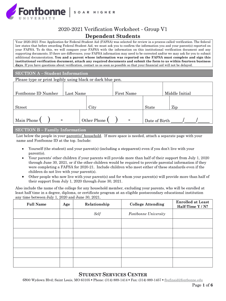 Fillable Online 2020-2021 Verification Worksheet - Group V1 Fax Email Print - pdfFiller