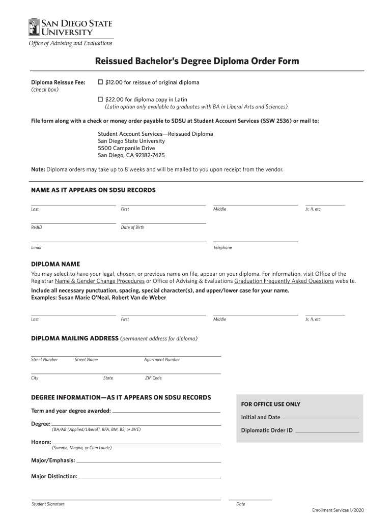 Fillable Online SDSU Reissued Bachelor's Degree Diploma Order Form Fax ...