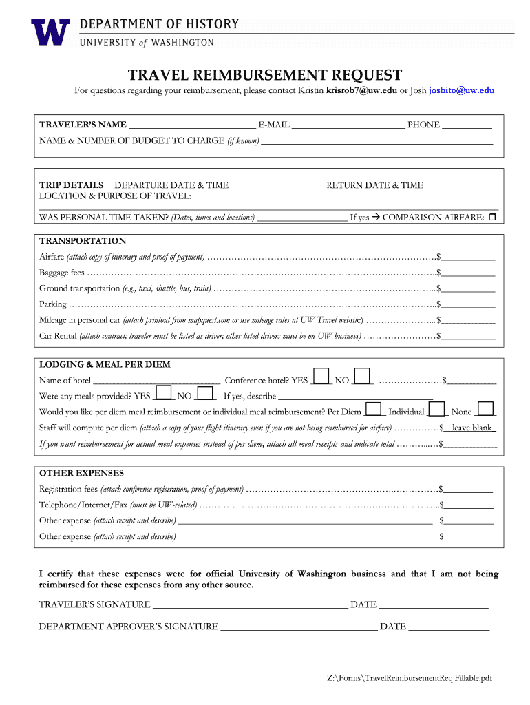 Fillable Online Pre-Travel Approval Form for UW Travelers - Department ...
