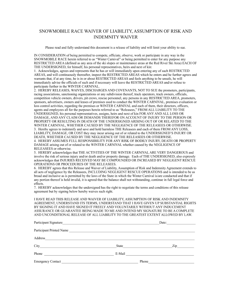 Fillable Online snowmobile race agreement - Bear Creek Mountain Resort ...