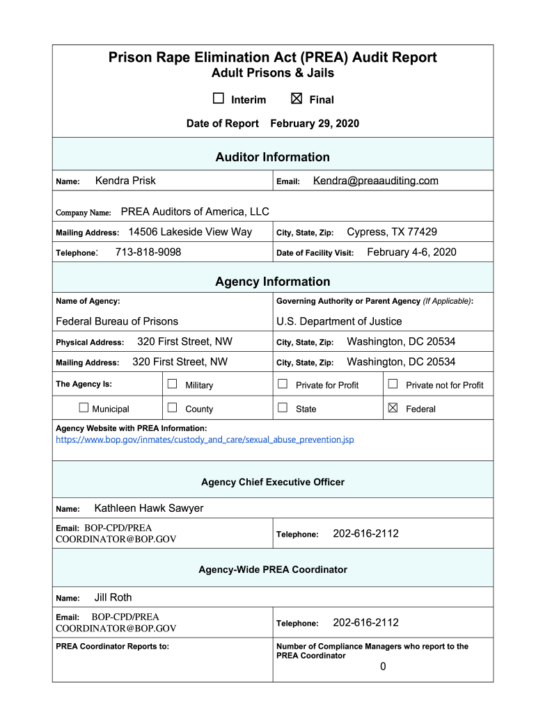 Fillable Online PREA AUDIT: AUDITORS SUMMARY REPORT DULT PRISONS & JAIL ...