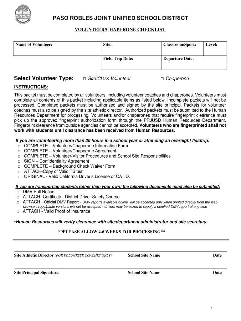 Fillable Online Volunteers 20+ hours and/or chaperone for overnight ...