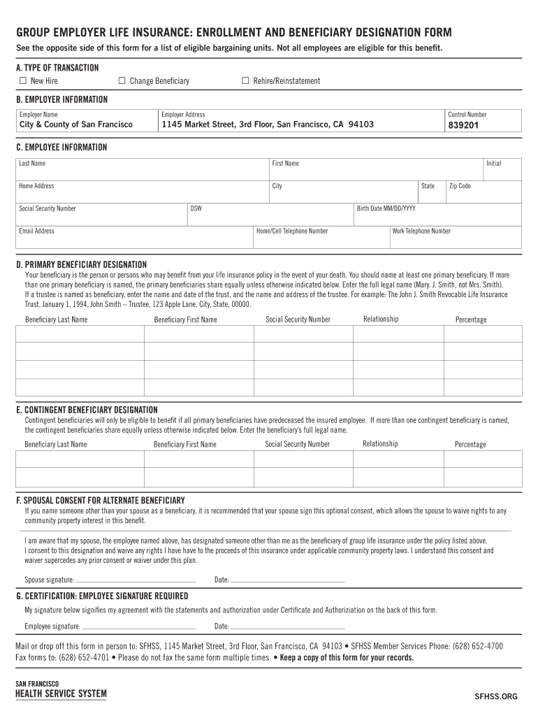 Fillable Online group employer life insurance: enrollment and ...
