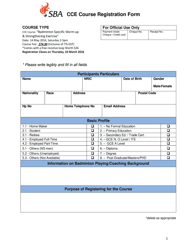Fillable Online CCE Course Registration Form - Singapore Badminton Fax ...