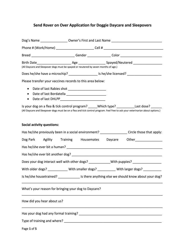 Fillable Online Send Rover on Over Application for Doggie Daycare and ...