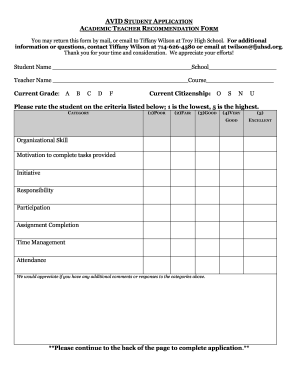 Fillable Online AVID STUDENT APPLICATION ACADEMIC TEACHER ...