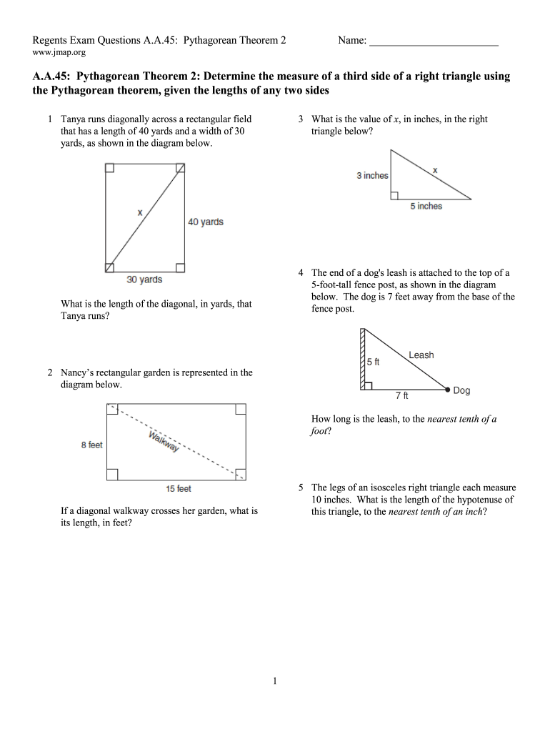 Fillable Online A.A.45: Pythagorean Theorem 2: Determine the measure of ...