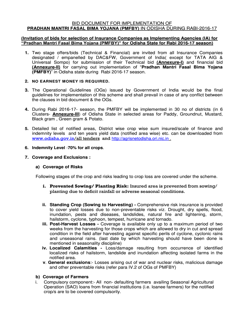 Fillable Online Bid document - PMFBY - Department of Agriculture Fax ...