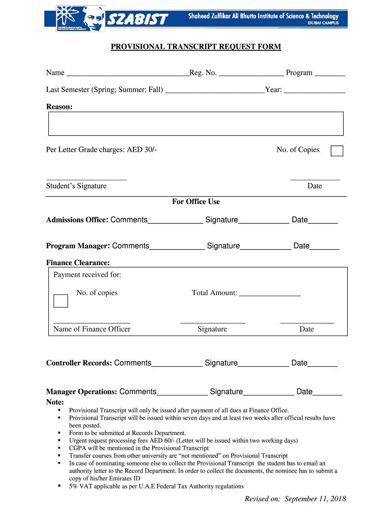 Fillable Online PROVISIONAL TRANSCRIPT REQUEST FORM - szabist.ac.ae Fax ...