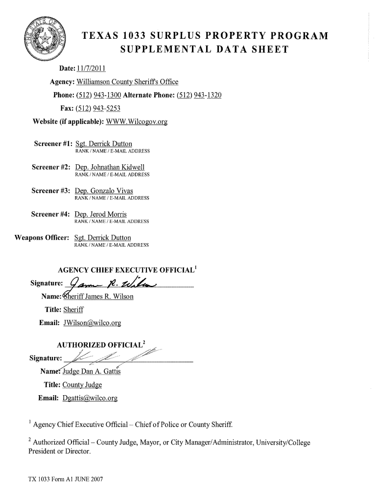 Fillable Online texas 1033 surplus property program supplemental data ...
