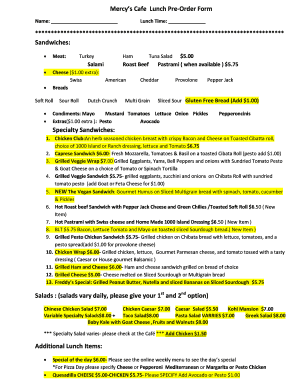 Fillable Online Mercys Cafe Lunch Pre-Order Form Fax Email Print ...
