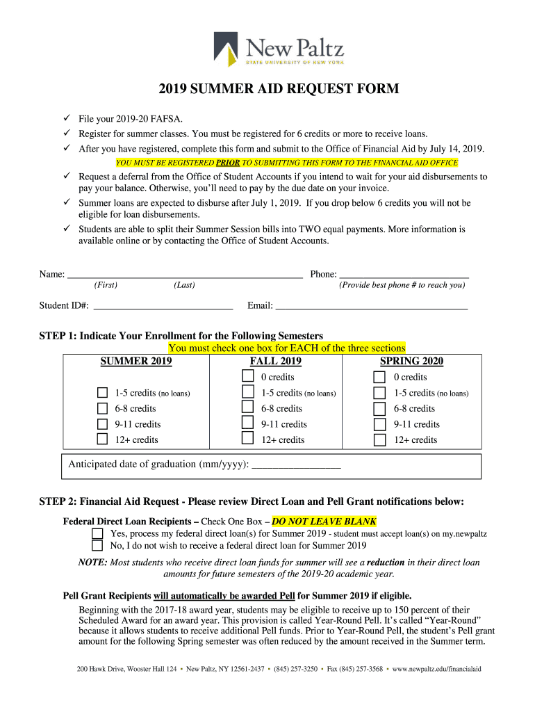Fillable Online 2019 summer aid request form - SUNY New Paltz Fax Email Print - pdfFiller