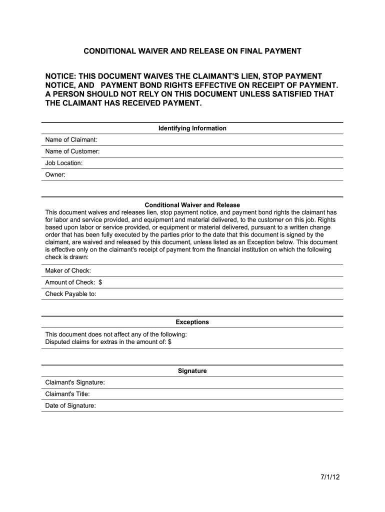 Fillable Online Conditional Waiver & Release on Final Payment Fax Email ... Fillable Online Conditional Waiver & Release on Final Payment Fax Email ...