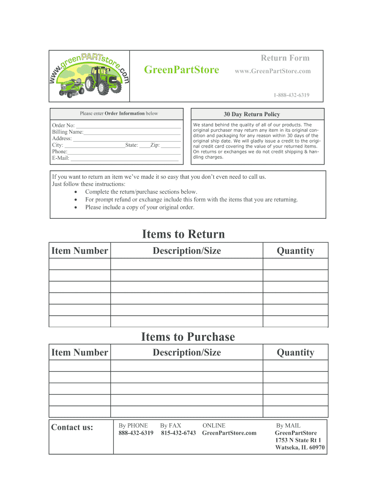 Fillable Online Return Form - GreenPartStore Fax Email Print - pdfFiller
