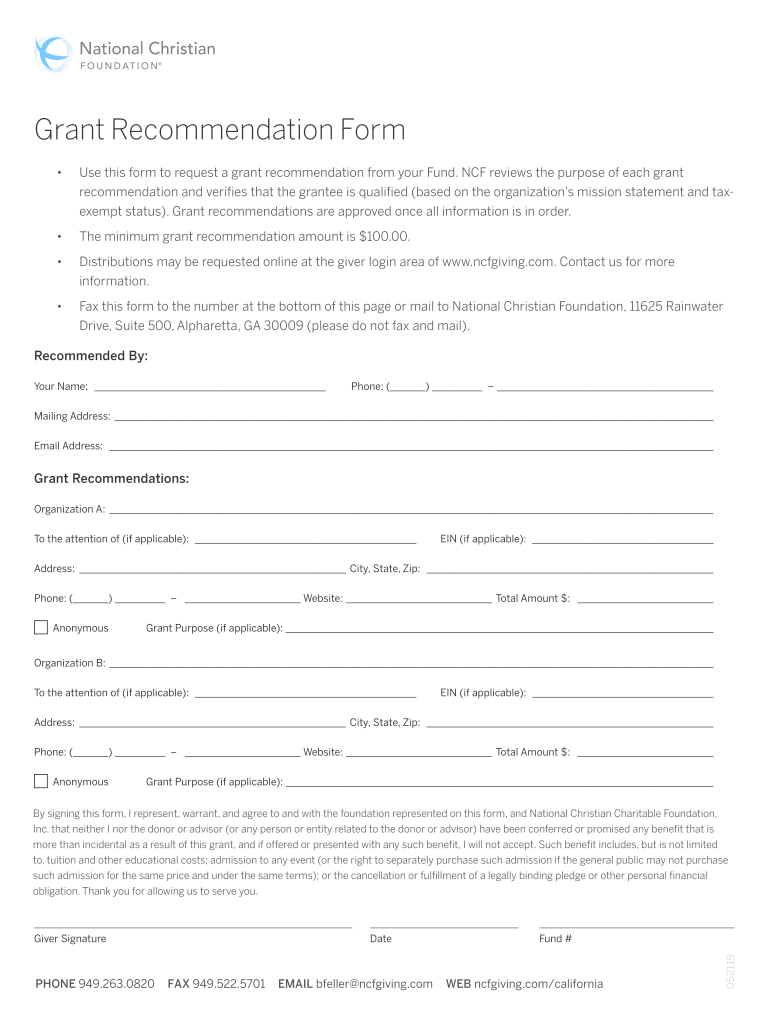 Fillable Online Grant Recommendation Form - NCF California - National ... Fax Email Print ...