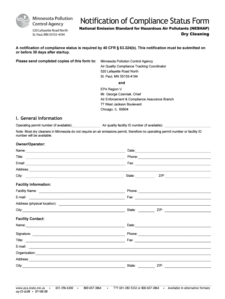 Fillable Online Notification of Compliance Status - Dry Cleaning ...