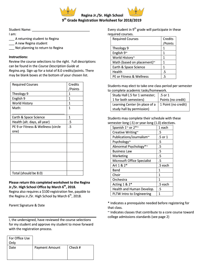 Fillable Online Regina Jr./Sr. High School 9th Grade Registration ...