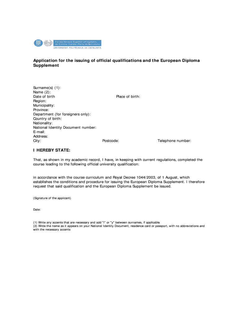 Fillable Online revised template for the diploma supplement - Enic ...
