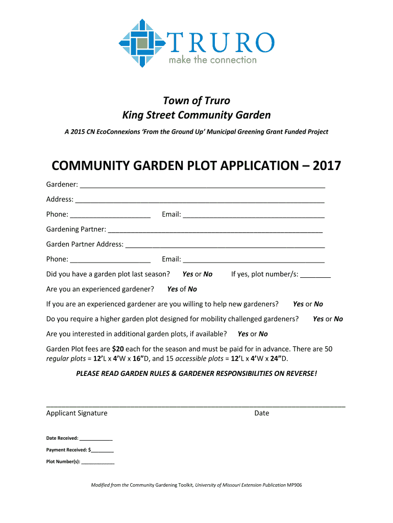 Fillable Online COMMUNITY GARDEN PLOT APPLICATION 2017 - Truro, Fax ...