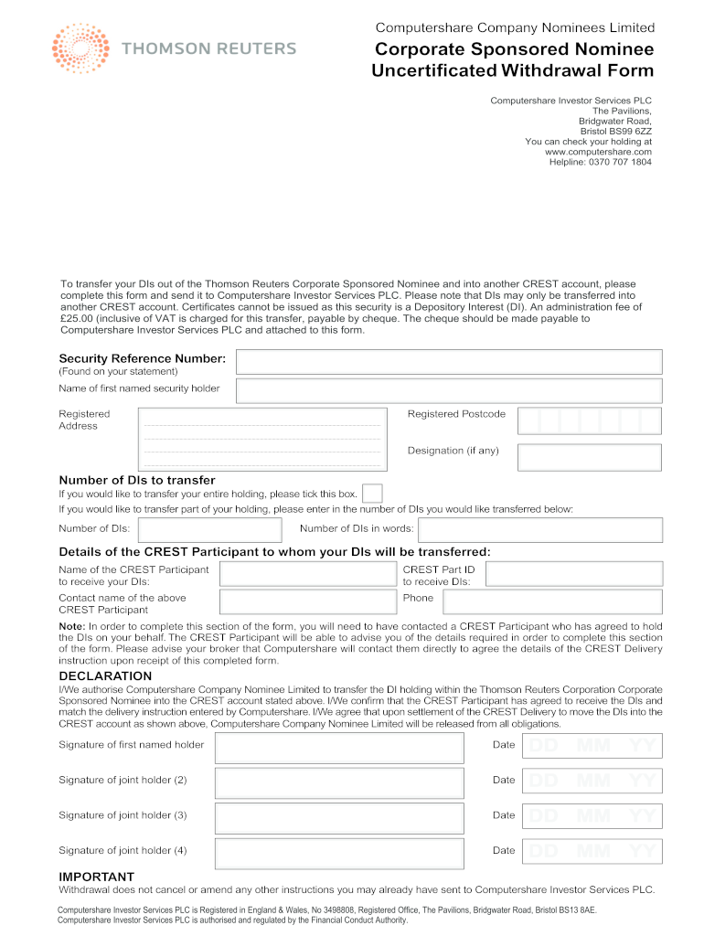 Fillable Online Uncertificated Withdrawal Form Fax Email Print - pdfFiller