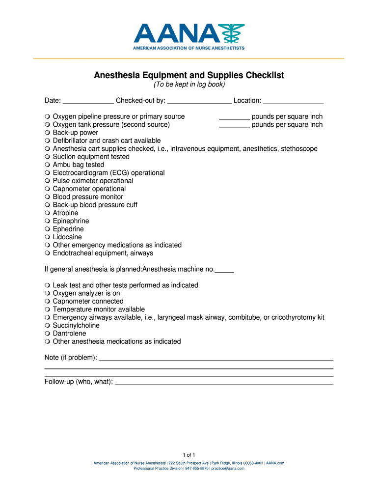 Fillable Online Anesthesia Equipment and Supplies Checklist Fax Email ...