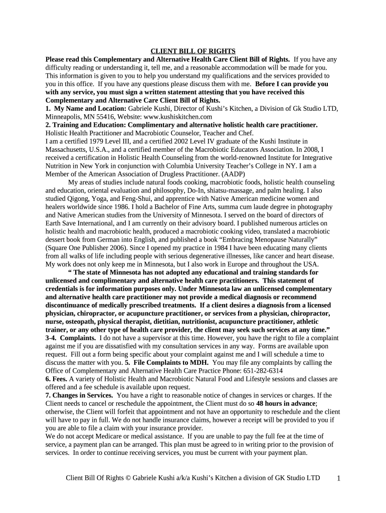 State of Minnesota Client Bill of Rights Complementary and ... Doc ...