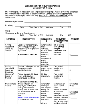 WORKSHEET FOR MOVING EXPENSES Doc Template | pdfFiller