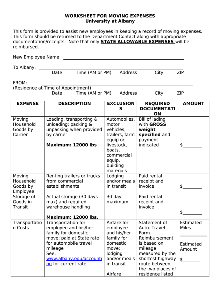 WORKSHEET FOR MOVING EXPENSES Doc Template | pdfFiller