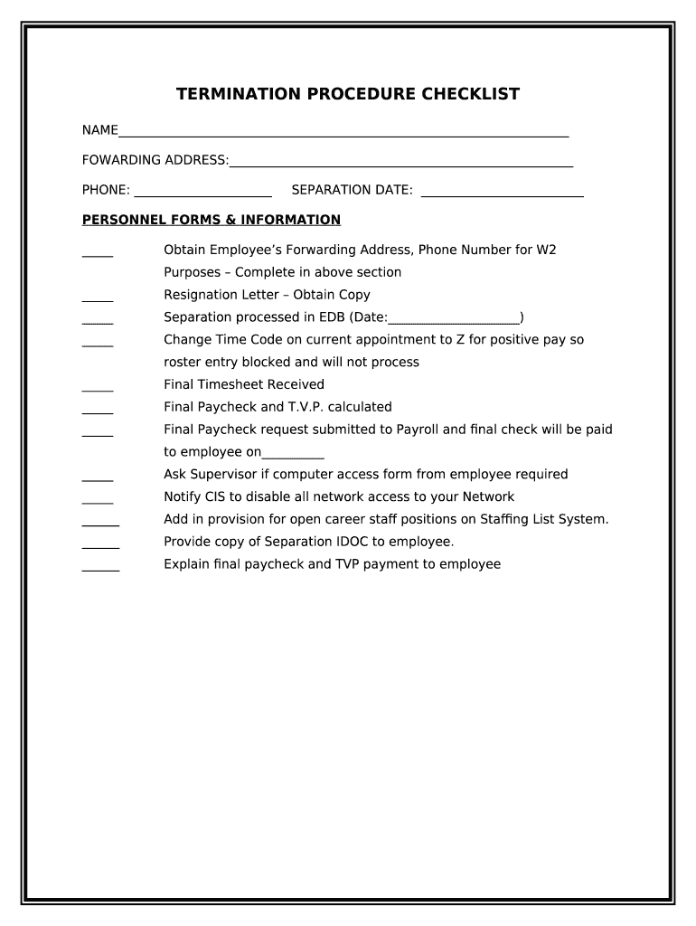TERMINATION PROCEDURE CHECKLIST Doc Template PdfFiller termination-procedure-checklist-doc-template-pdffiller