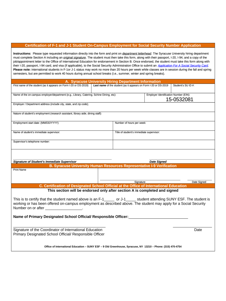 Certification of F-1 and J-1 Student On-Campus Employment for Social ...